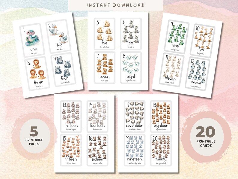 1-20 Animals Number Cards, Printable Activity Number Cards 1-20, Early ...