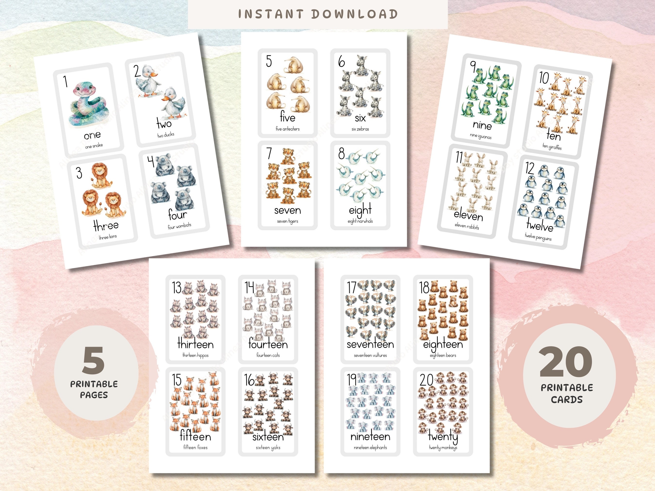 1-20 Animals Number Cards, Printable Activity Number Cards 1-20, Early ...