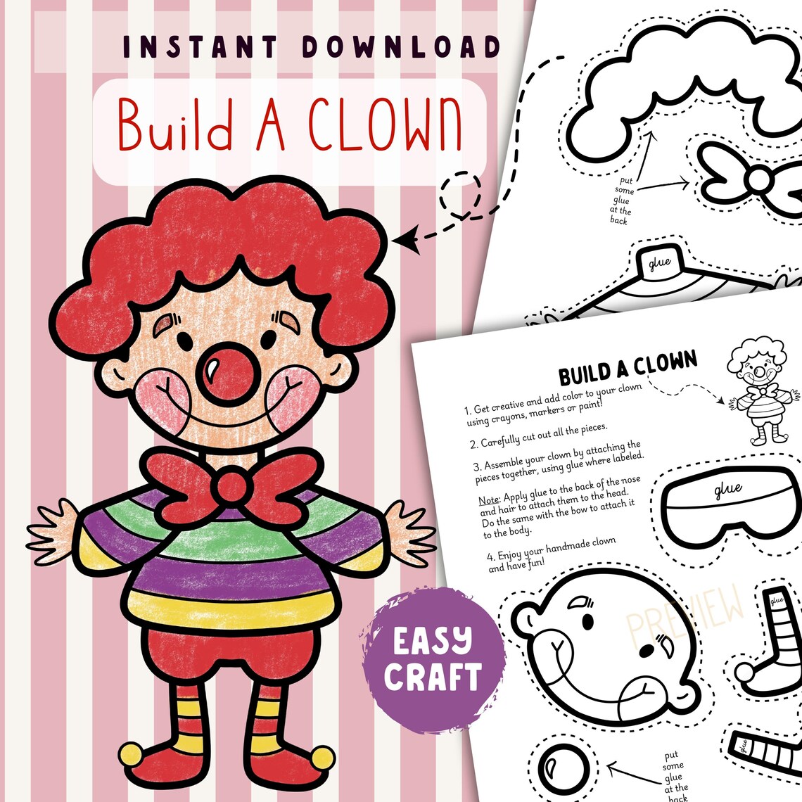 Build a Clown Craft: Cut and Paste Activity (PDF Pattern) - Etsy