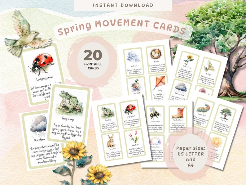 Spring Movement Cards: Watercolor Action Flashcards (PDF) - Etsy