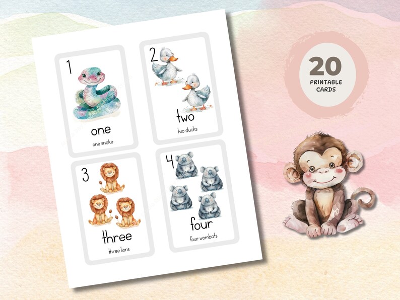 1-20 Animals Number Cards, Printable Activity Number Cards 1-20, Early ...