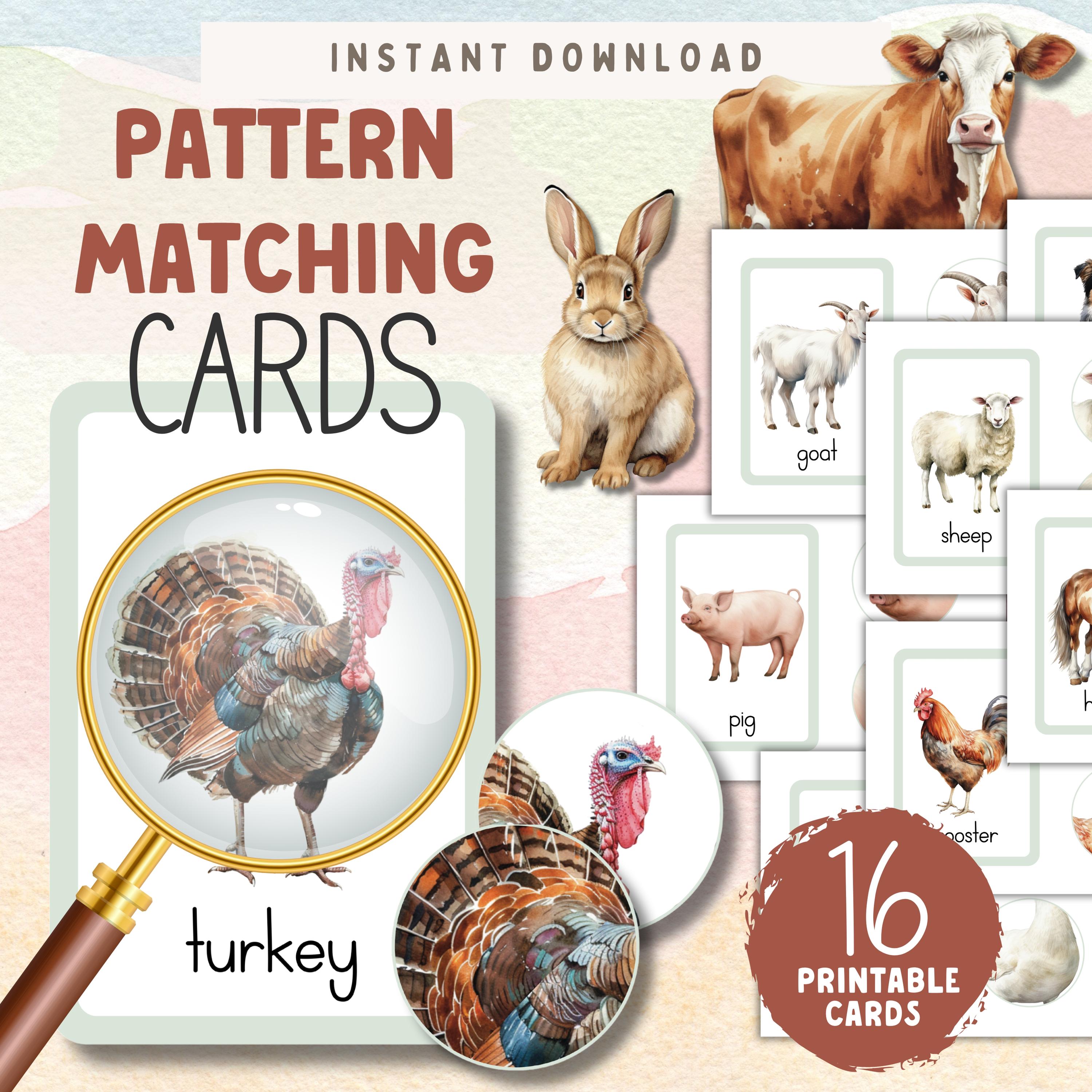 Farm Animals Pattern Matching Cards Montessori Animal Game for Nature ...