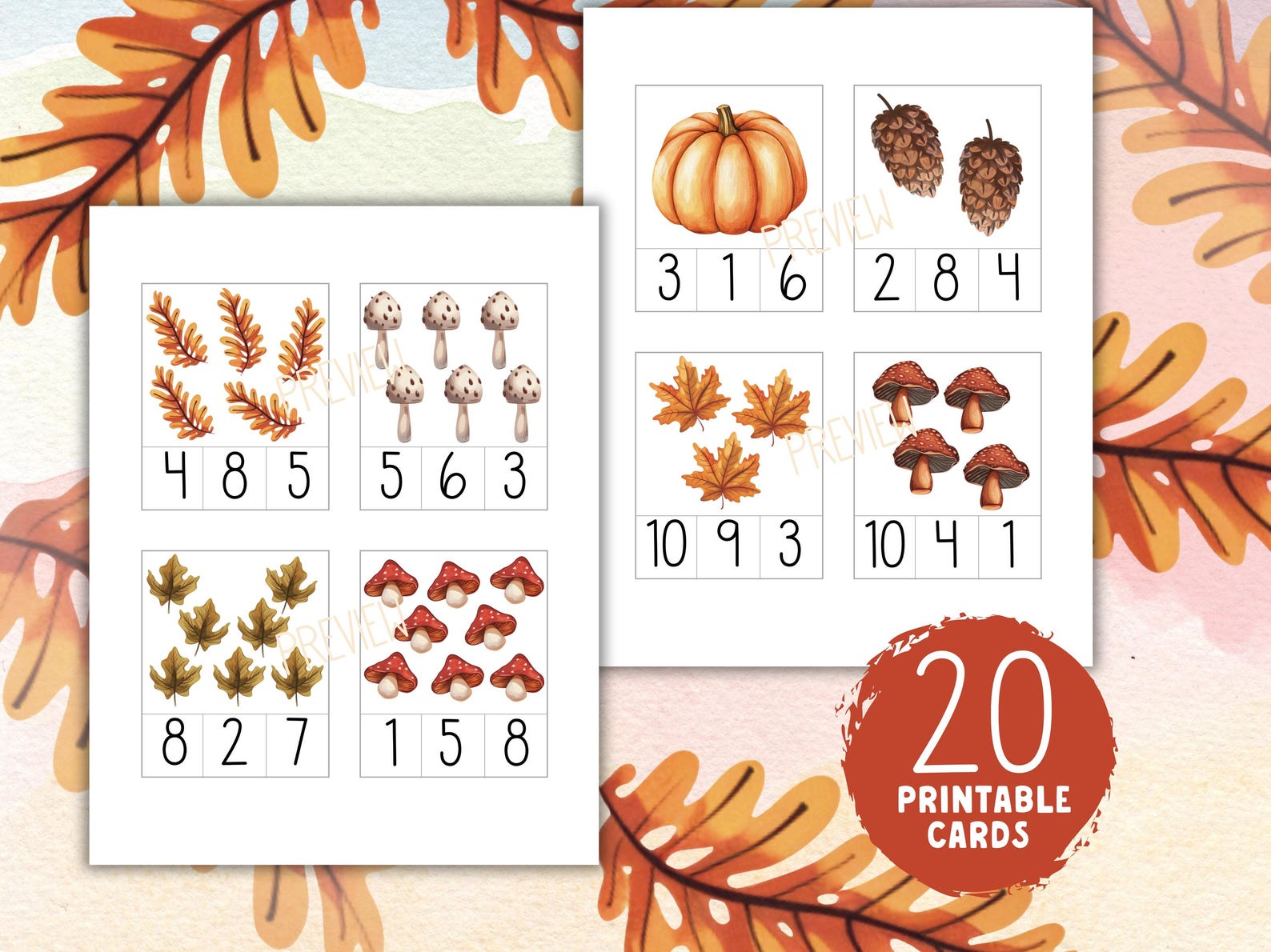 FALL Count and Clip Cards Number 1-10, Autumn Printable Activity Number ...
