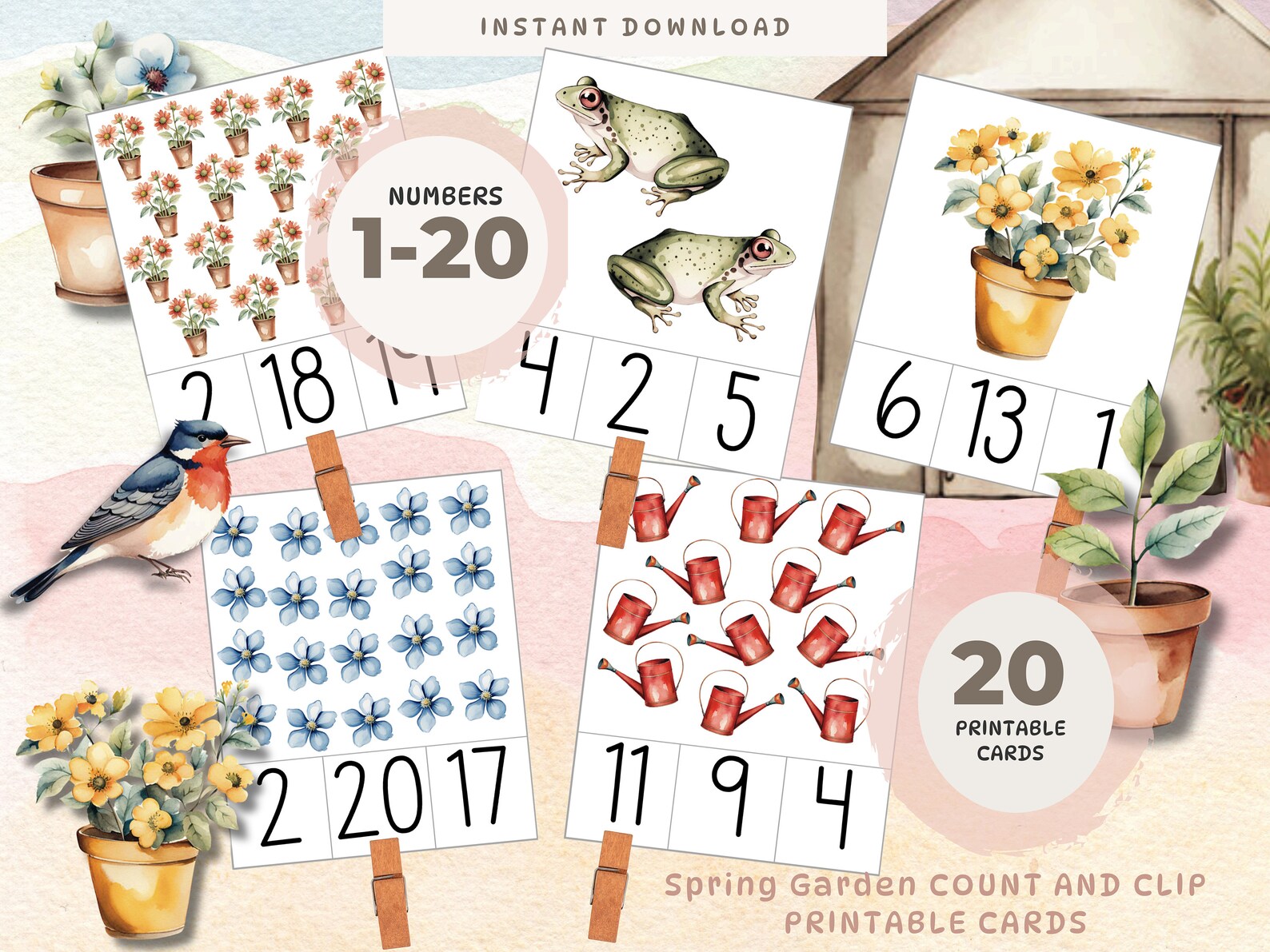 Garden Count and Clip Cards Number 1-20, Printable Activity Number ...