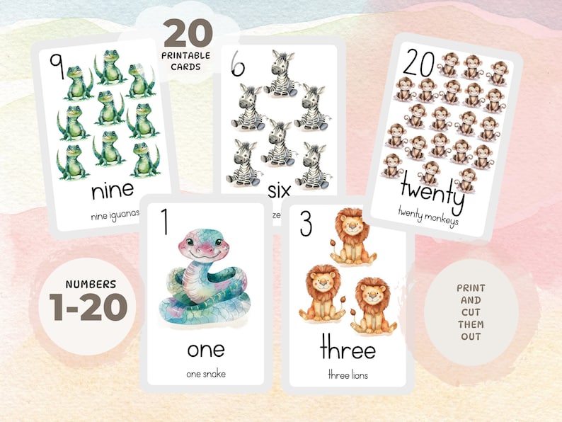 1-20 Animals Number Cards, Printable Activity Number Cards 1-20, Early ...