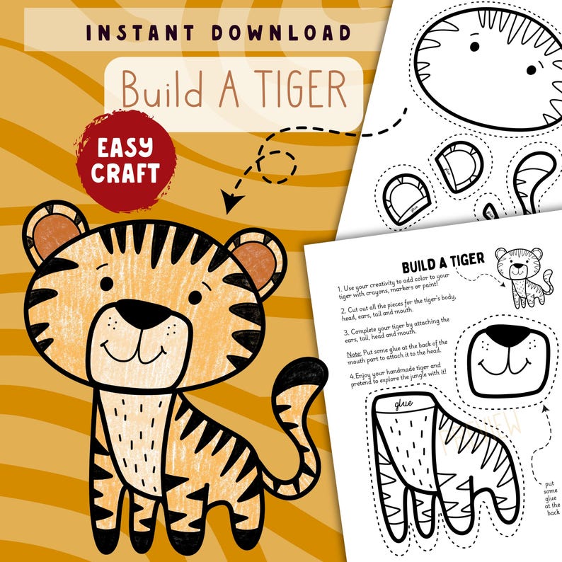 Tiger Craft Printable: DIY Coloring Activity for Kids (PDF Pattern) - Etsy