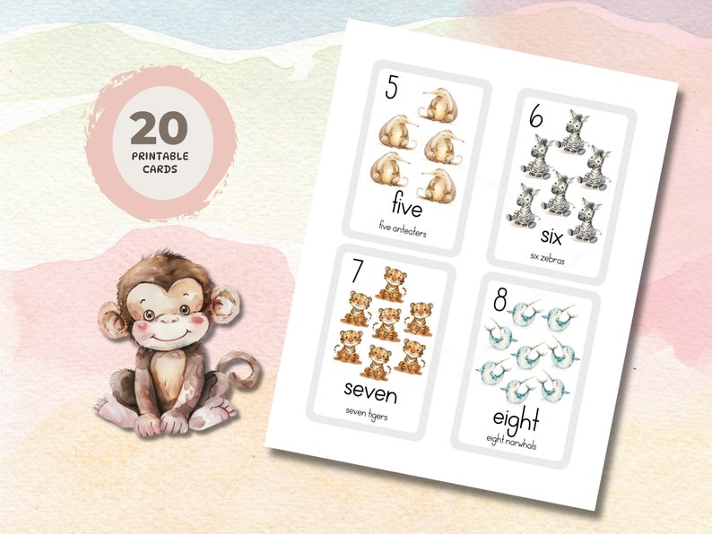 1-20 Animals Number Cards, Printable Activity Number Cards 1-20, Early ...