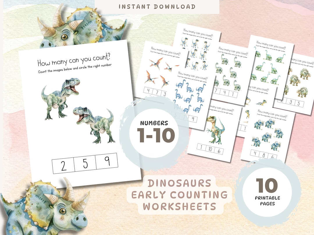 1-10 Dinosaurs Maths Worksheets, Early Counting Printables Numbers 1-10 ...