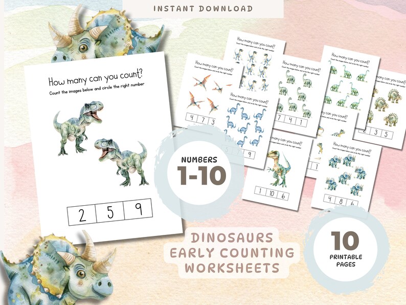 1-10 Dinosaurs Maths Worksheets, Early Counting Printables Numbers 1-10 ...