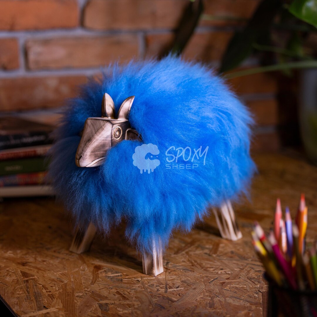 Blue Sheep Decoration | Wooden & Sheepskin Decorative Accent | Unique ...