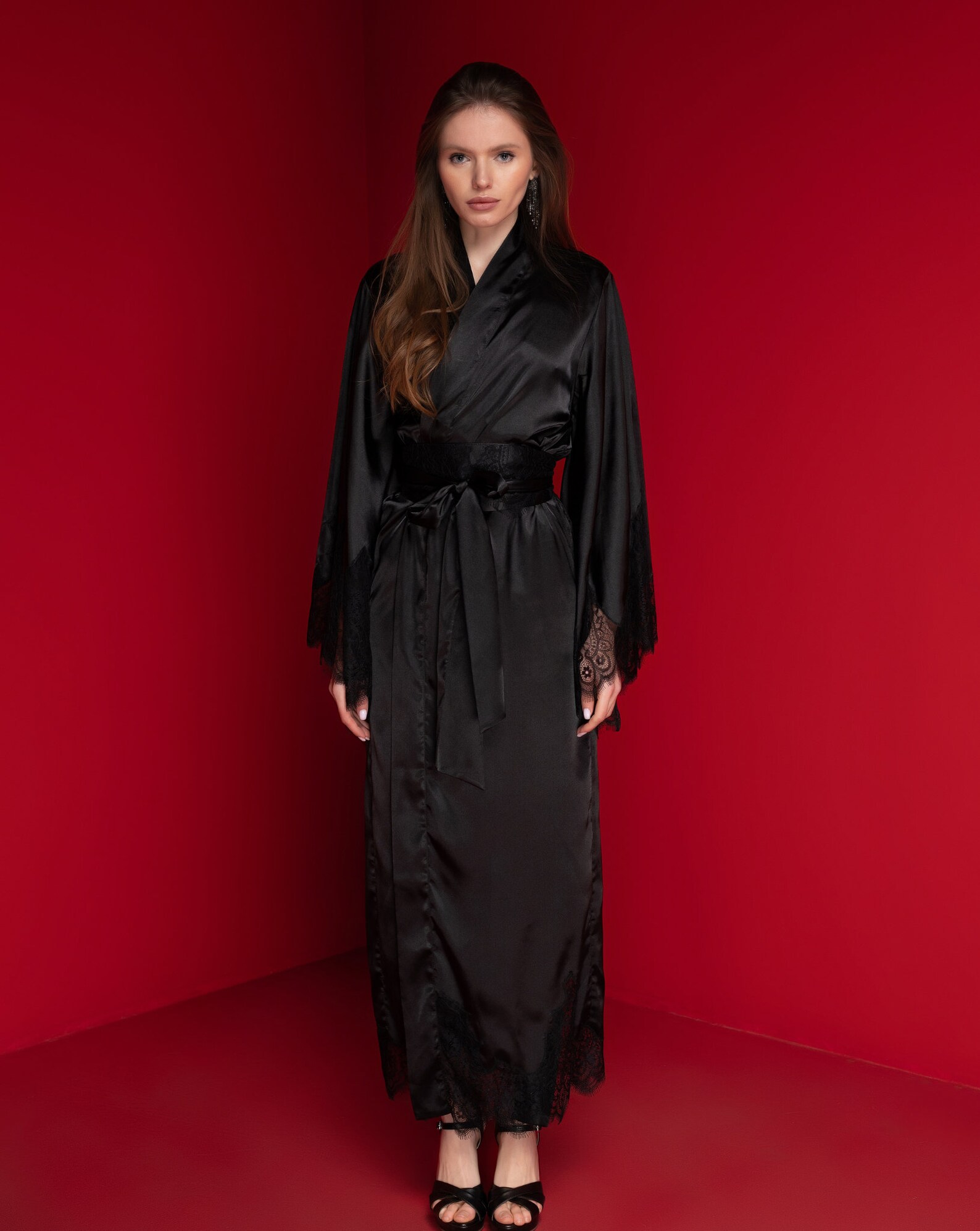 Black Robe, Satin Robe, Dressing Gown, Kimono, Kimono Robe, Luxury ...