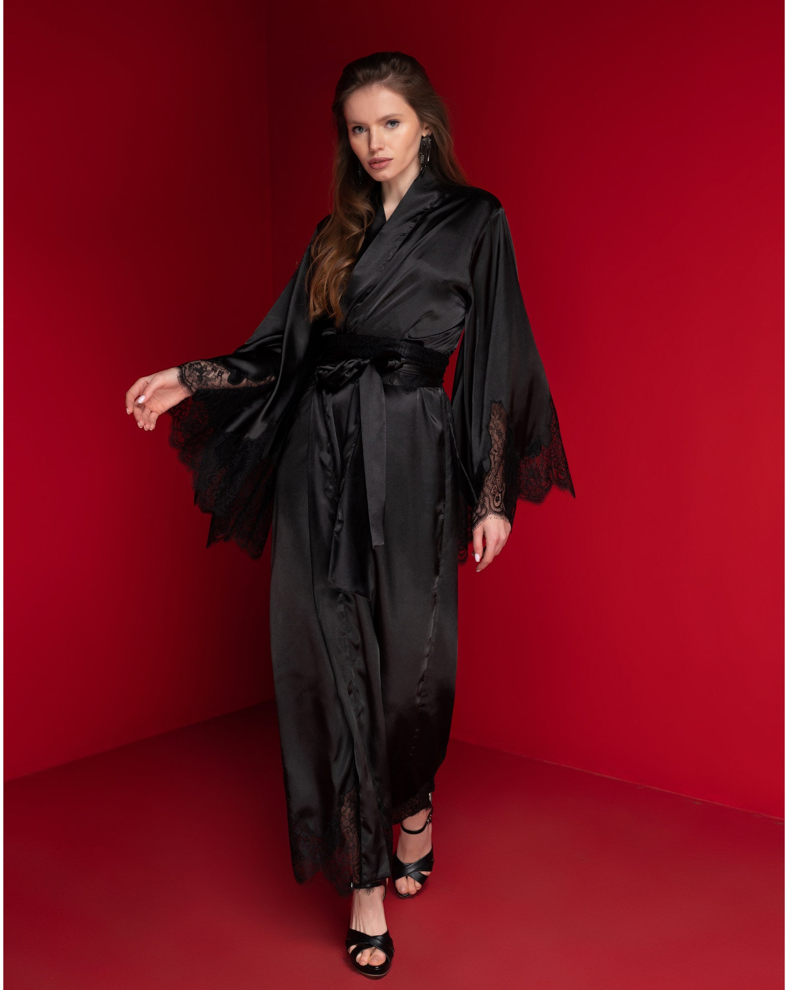 Black Robe, Satin Robe, Dressing Gown, Kimono, Kimono Robe, Luxury ...
