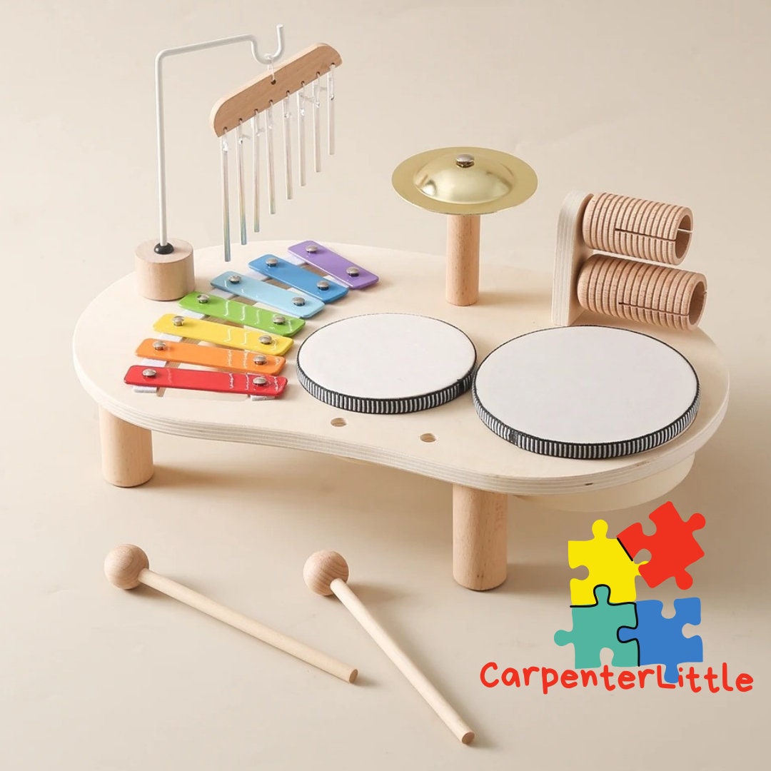 Kids Wooden Musical Instruments Set Montessori Drum & Music Table ...