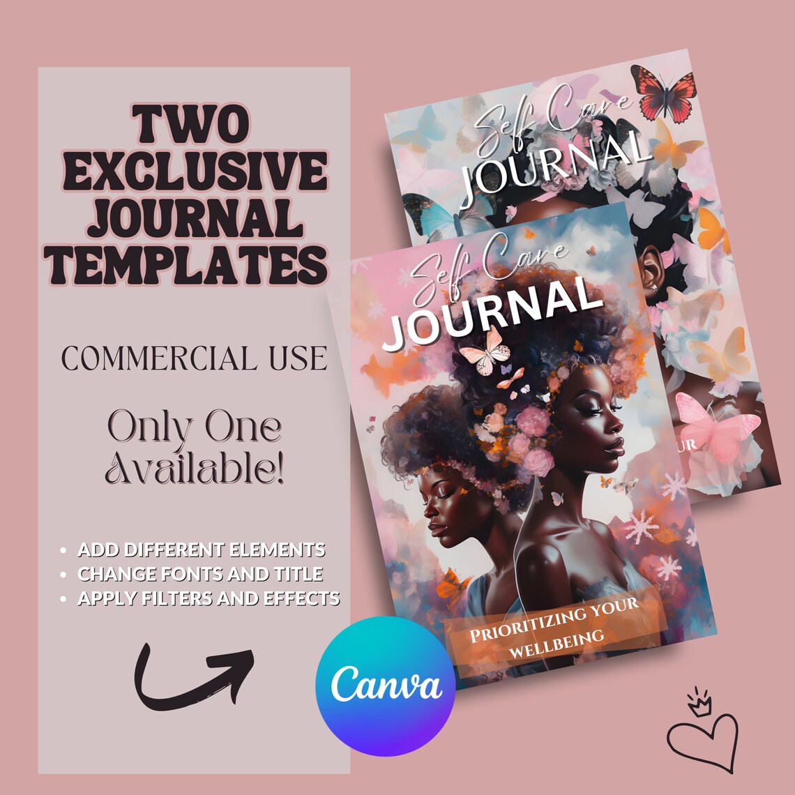 Commercial Use Self Care Self Love Canva Journal Cover Template Only ...