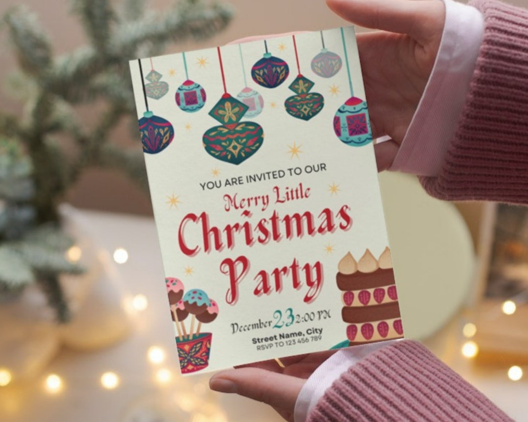Retro Christmas Party Invitation Editable Printable Holiday Ornaments ...