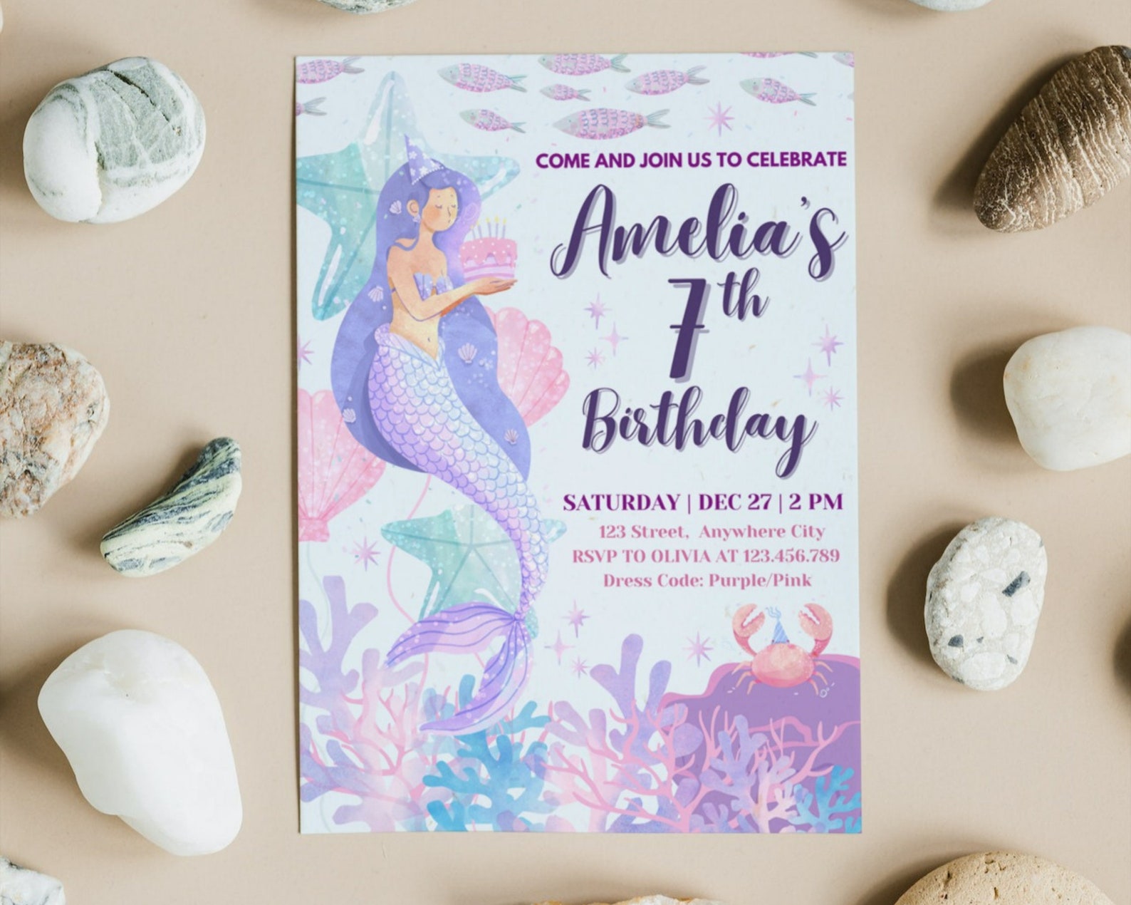 Girls Mermaid Under the Sea Theme 7th Birthday Invitation Pastel Purple ...