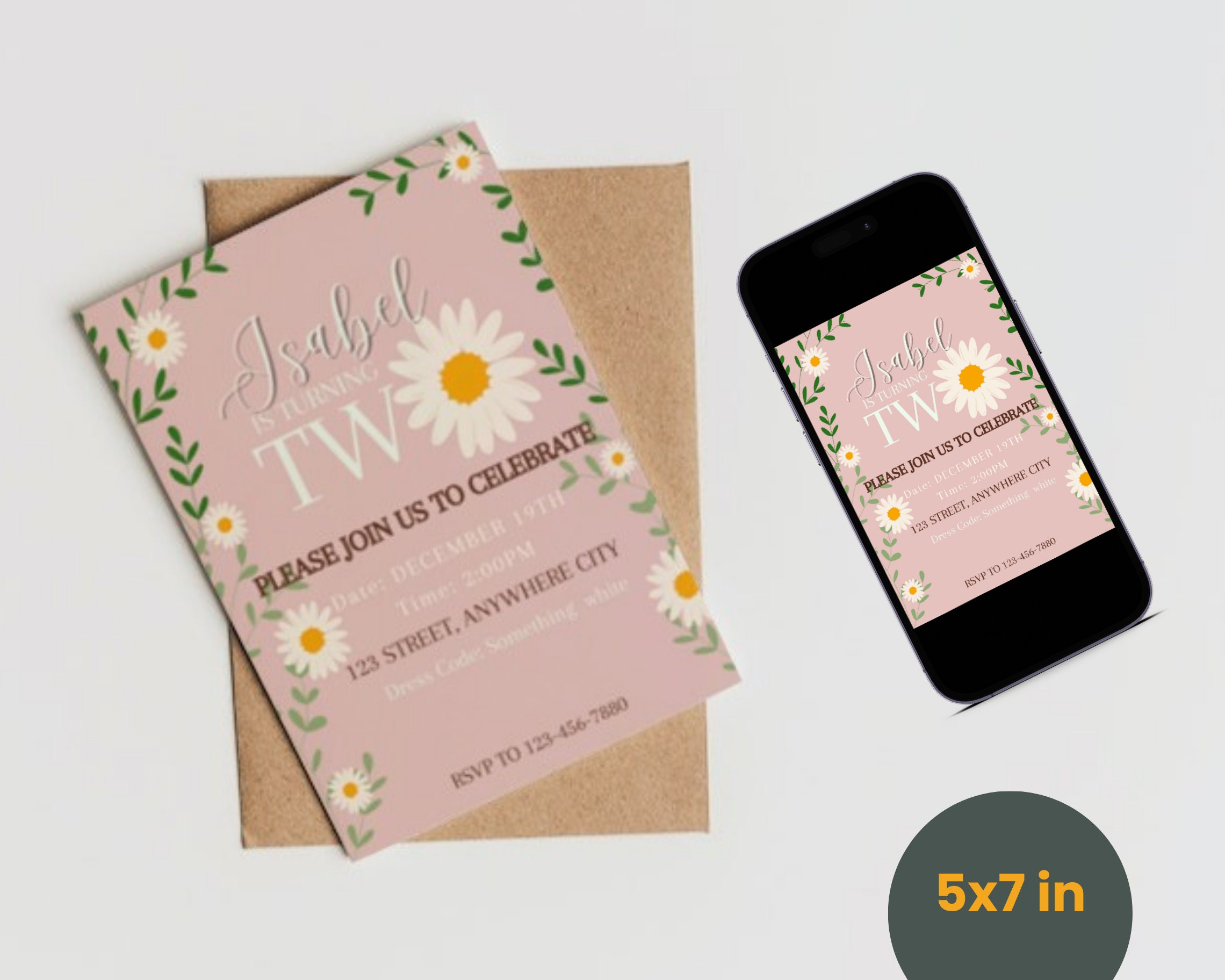 Daisy Themed Pink Floral Birthday Invitation Editable Canva Template ...