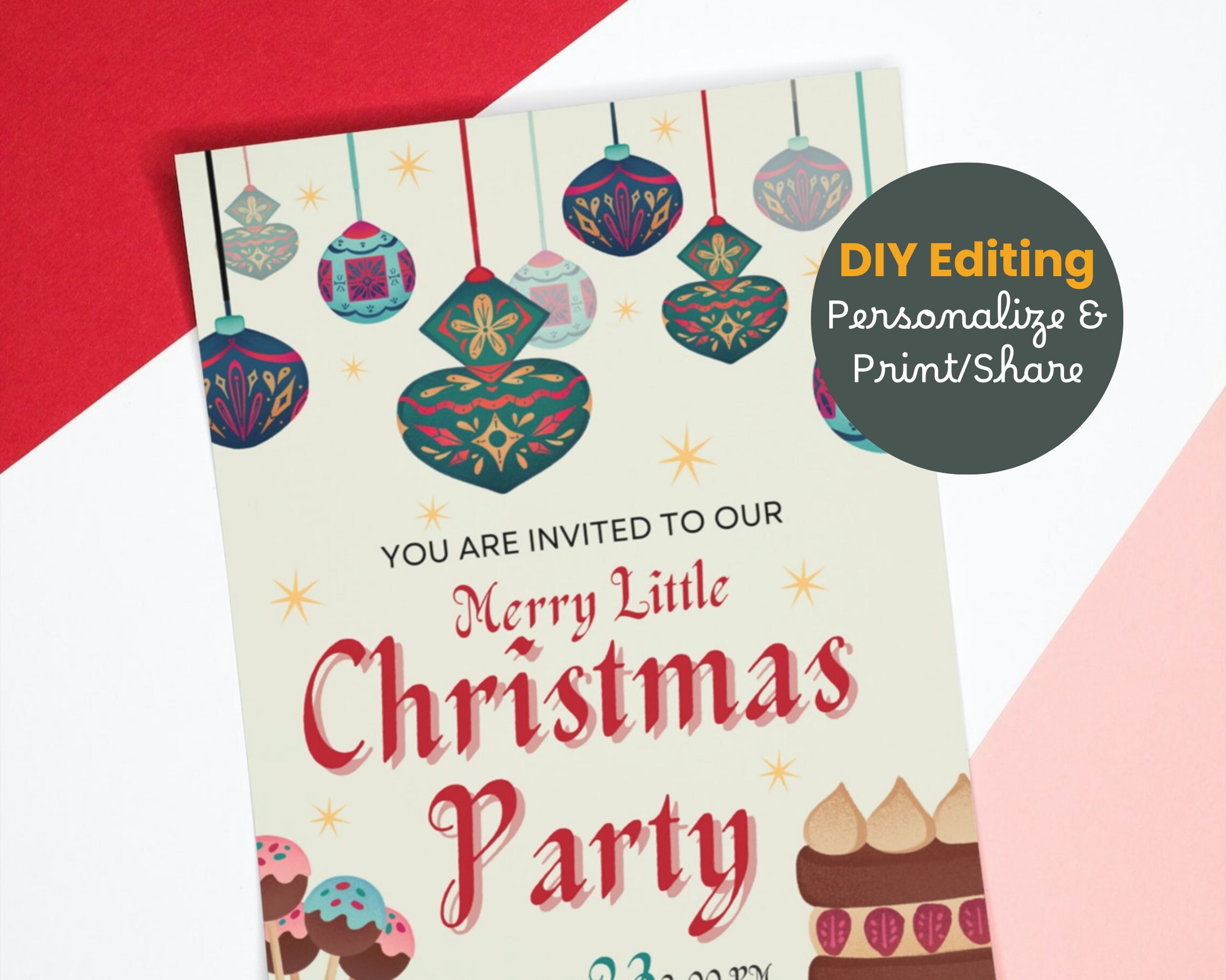 Retro Christmas Party Invitation Editable Printable Holiday Ornaments ...
