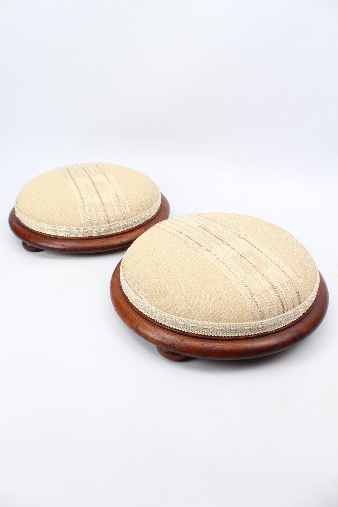 Pair Victorian Mahogany Foot Stools - Antique Circular Upholstered ...