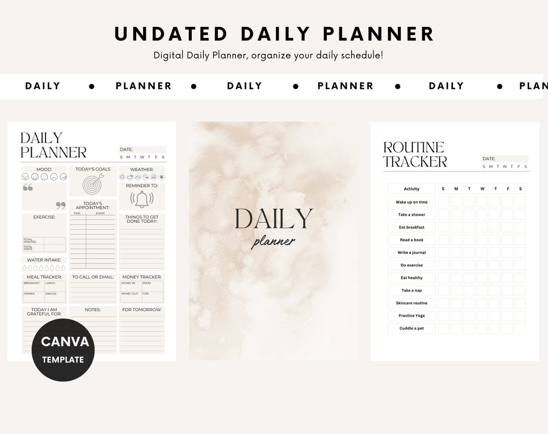 Editable Extensive Undated Daily Planner Canva Template | Beige Planner ...