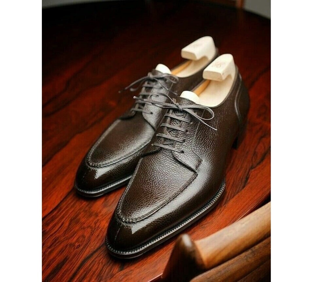 Handmade New Brown Grain Leather Split Toe Oxford Shoes for Men Lace up ...