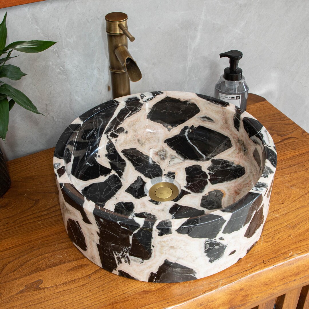 Marble Sink, Bvlgari Black Stone Sink, Bathroom Sink, Round Sink, Irregular Black and White ...