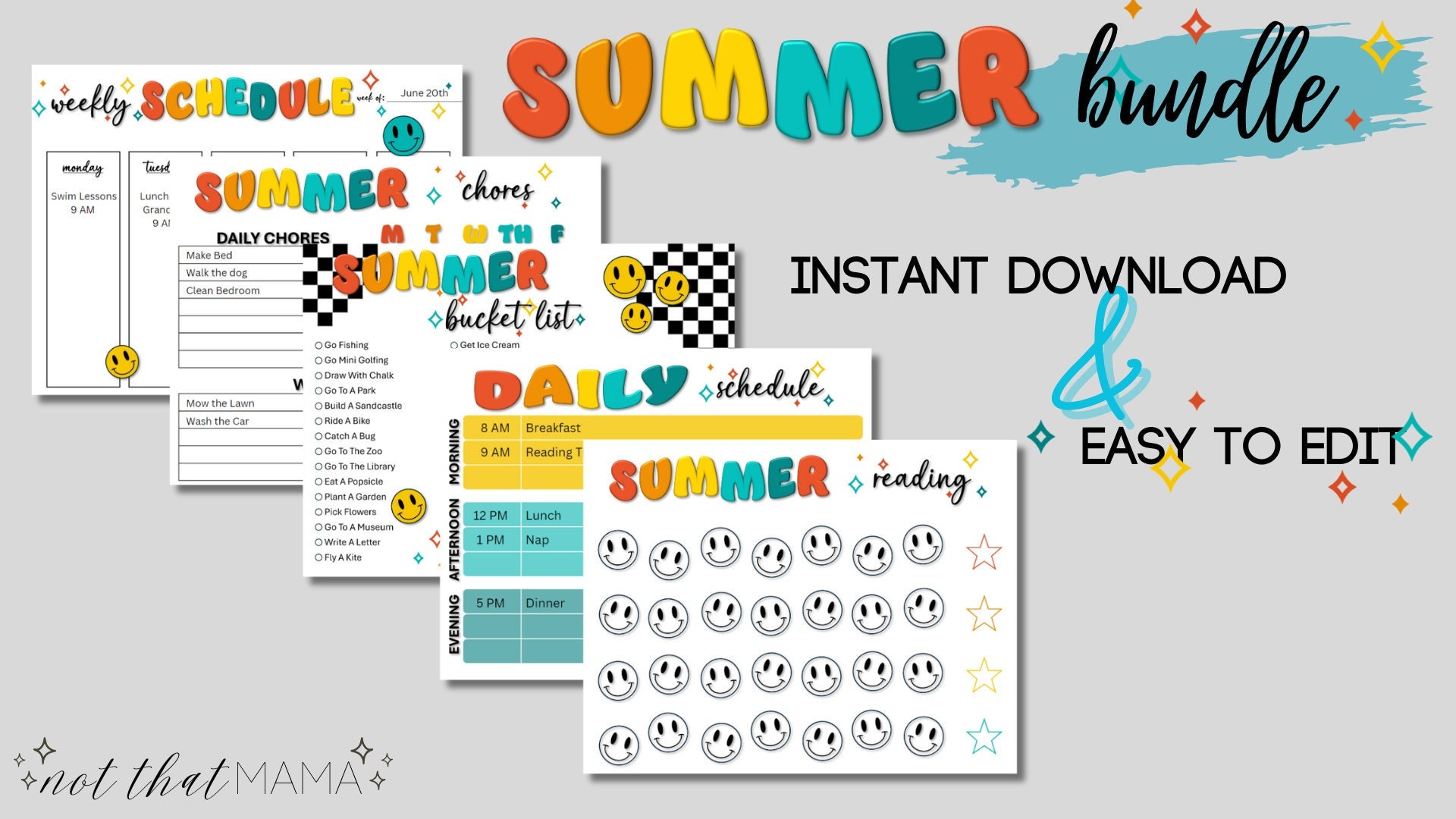 Printable Editable Summer Planner Bundle 70's Smiley Face (instant ...