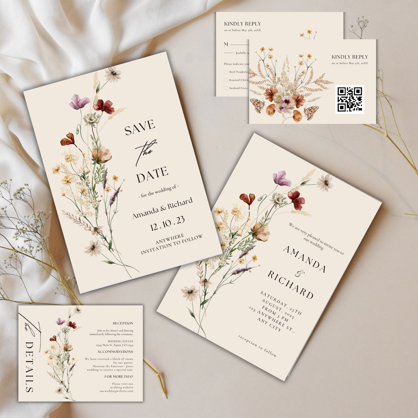 Wildflowers Wedding Invitation Set Template Save the Date Floral ...