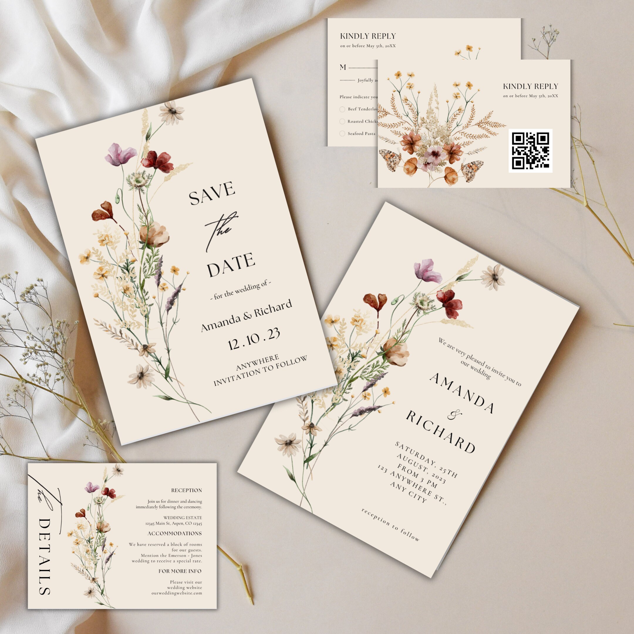 Wildflowers Wedding Invitation Set Template | Save the Date | Floral ...