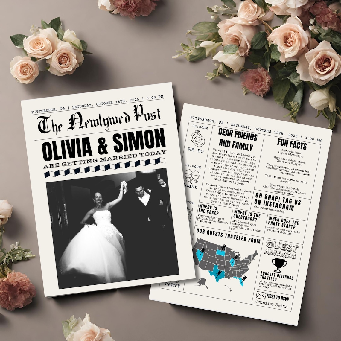 Wedding Newspaper Template Canva Editable Wedding Itinerary Newlywed ...