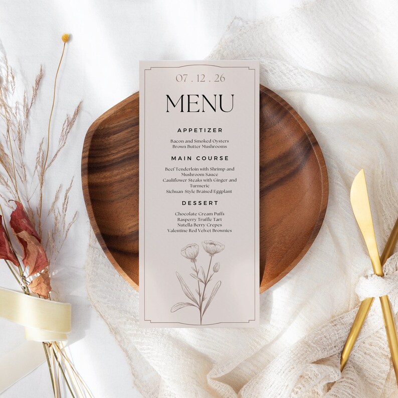 Boho Wedding Menu Cards Template Editable Menu Card Minimalist Wedding ...