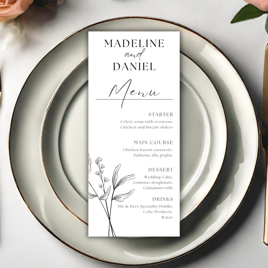 Minimalist Wedding Menu Template | Modern Script Wedding Dinner Menu ...