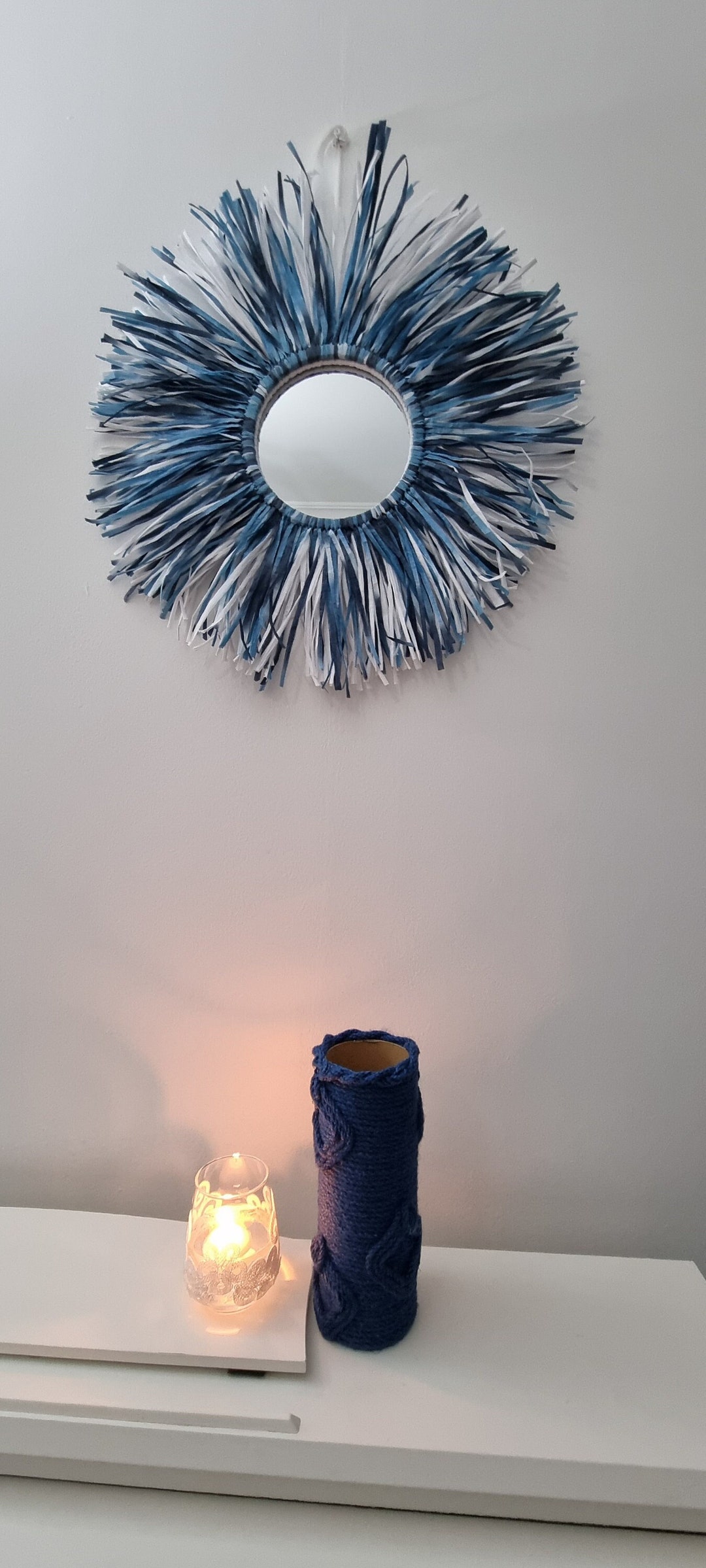 Boho Wall Mirror and Craft Cylinder Box Set Rustic Home Decor With Blue ...