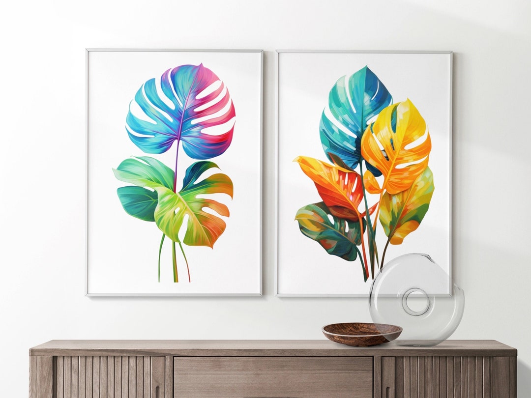 Colorful Monstera Leaf Digital Art Prints, Tropical Plant Wall Decor ...