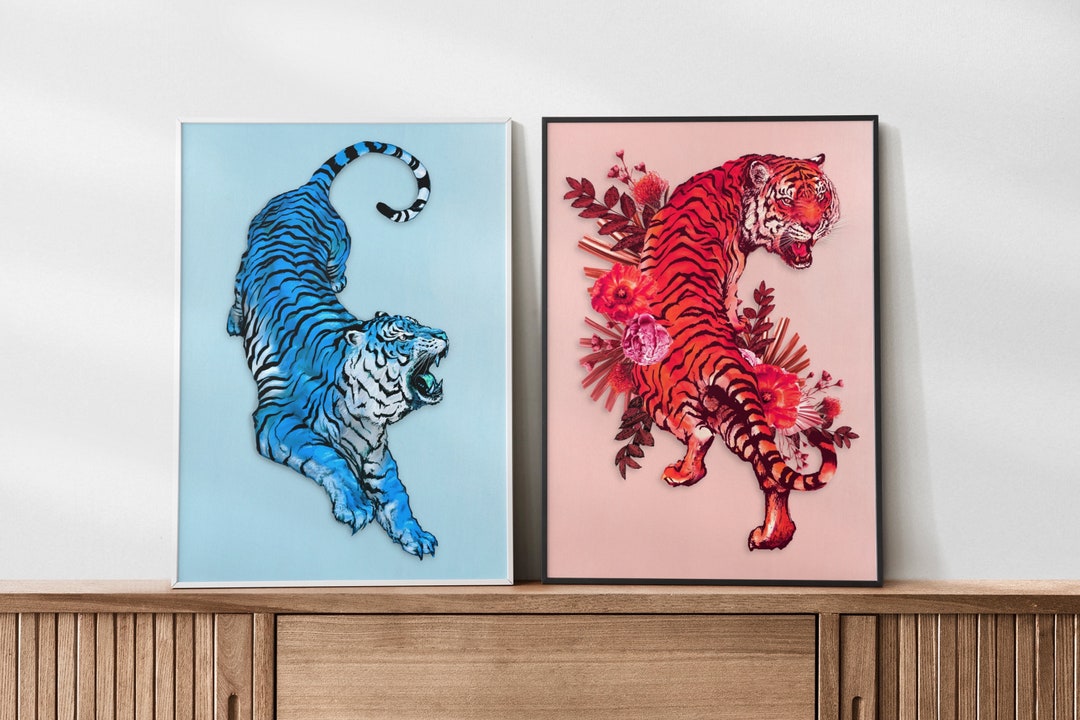 Blue and Red Tiger Poster, Modern Tiger Wall Decor, Digital Download ...