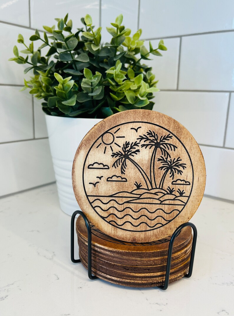 Laser Engraved Wood Beach Themed Coaster Set With Holder - Etsy