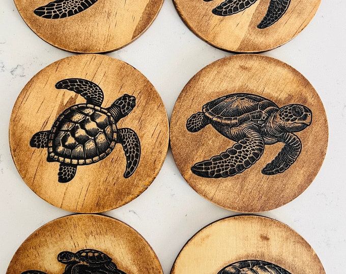 Laser Engraved Wood Sea Turtles Coaster Set With Holder - Etsy