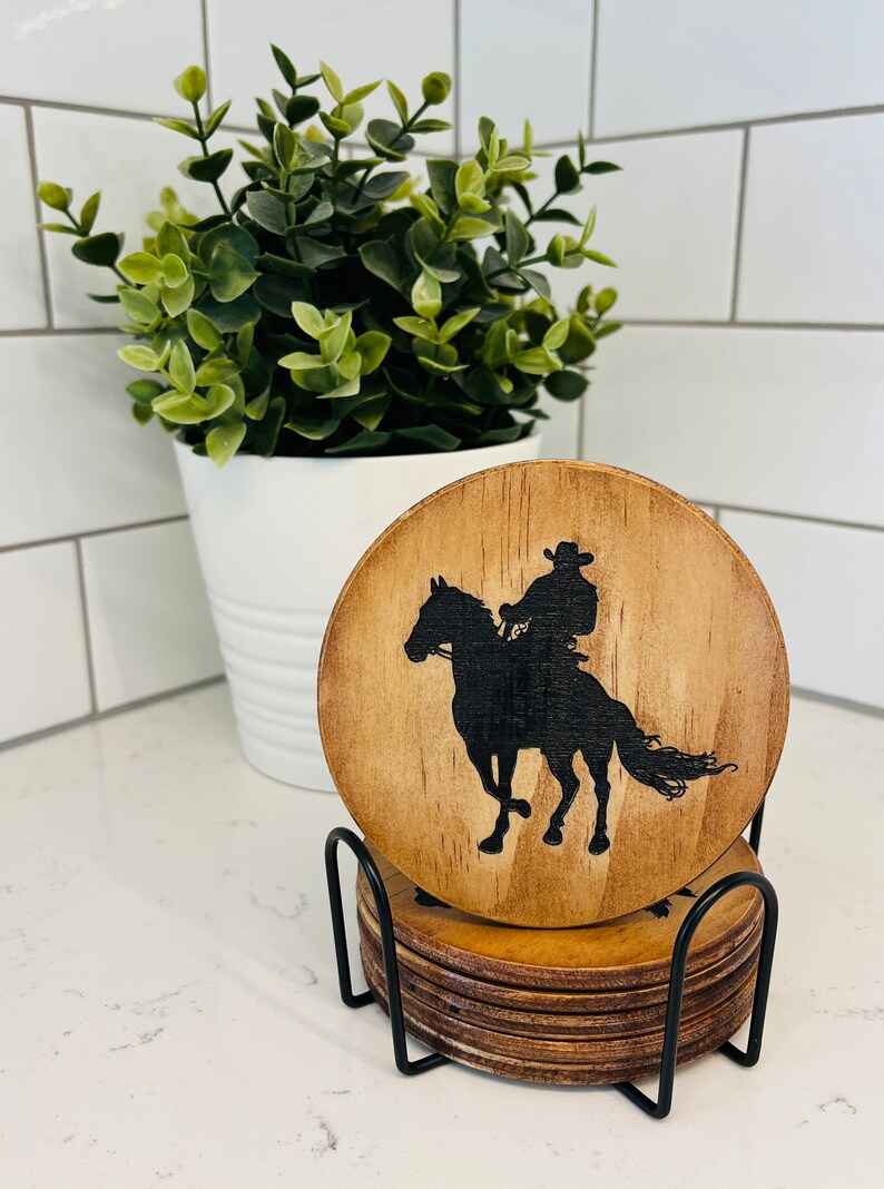 Laser Engraved Wood Cowboy/rodeo Western Coaster Set - Etsy