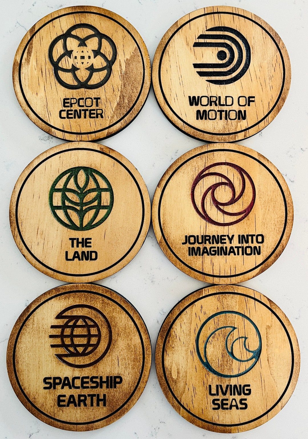 Laser Engraved Wood Epcot Logos Inspired Coaster Set With Holder - Etsy