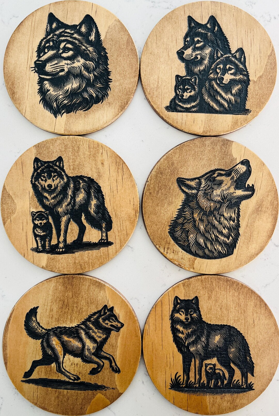Laser Engraved Wood Wolf Coaster Set With Holder - Etsy