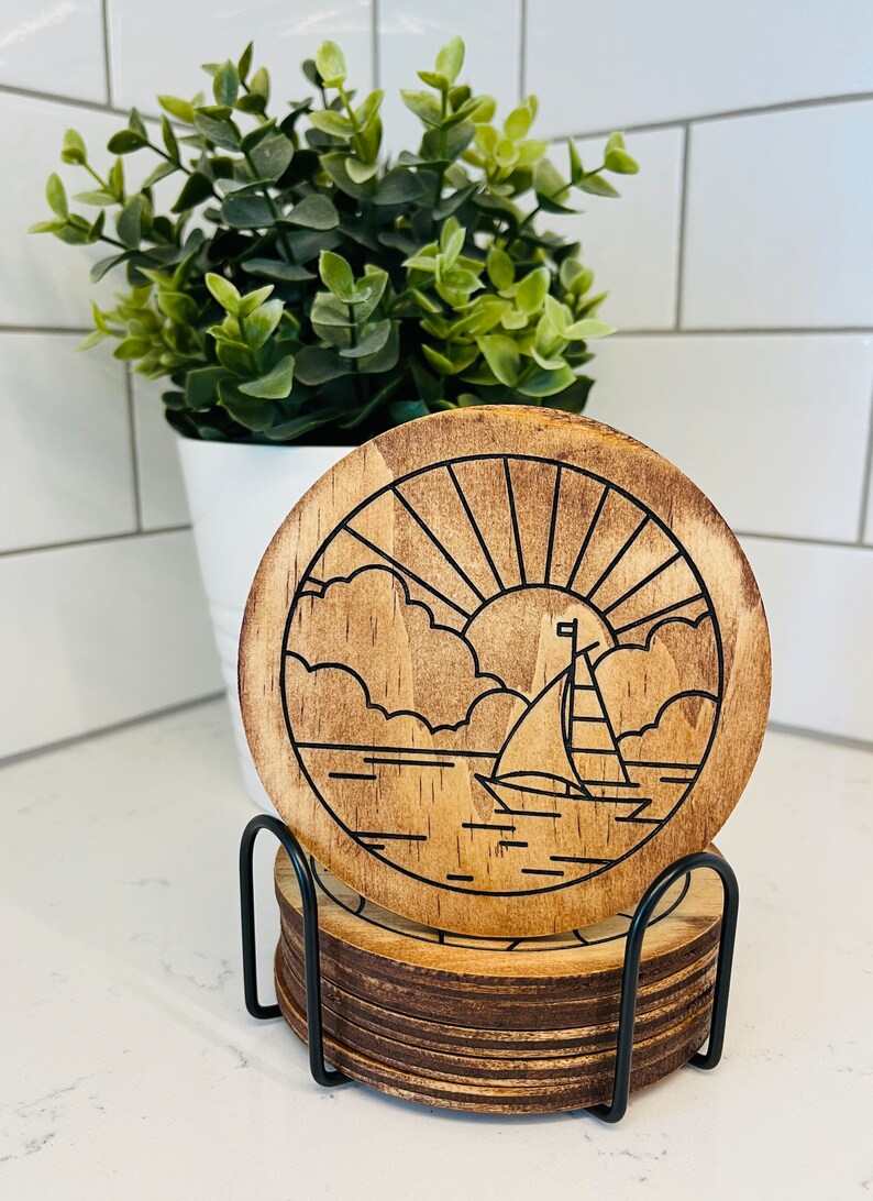 Laser Engraved Wood Beach Themed Coaster Set With Holder - Etsy