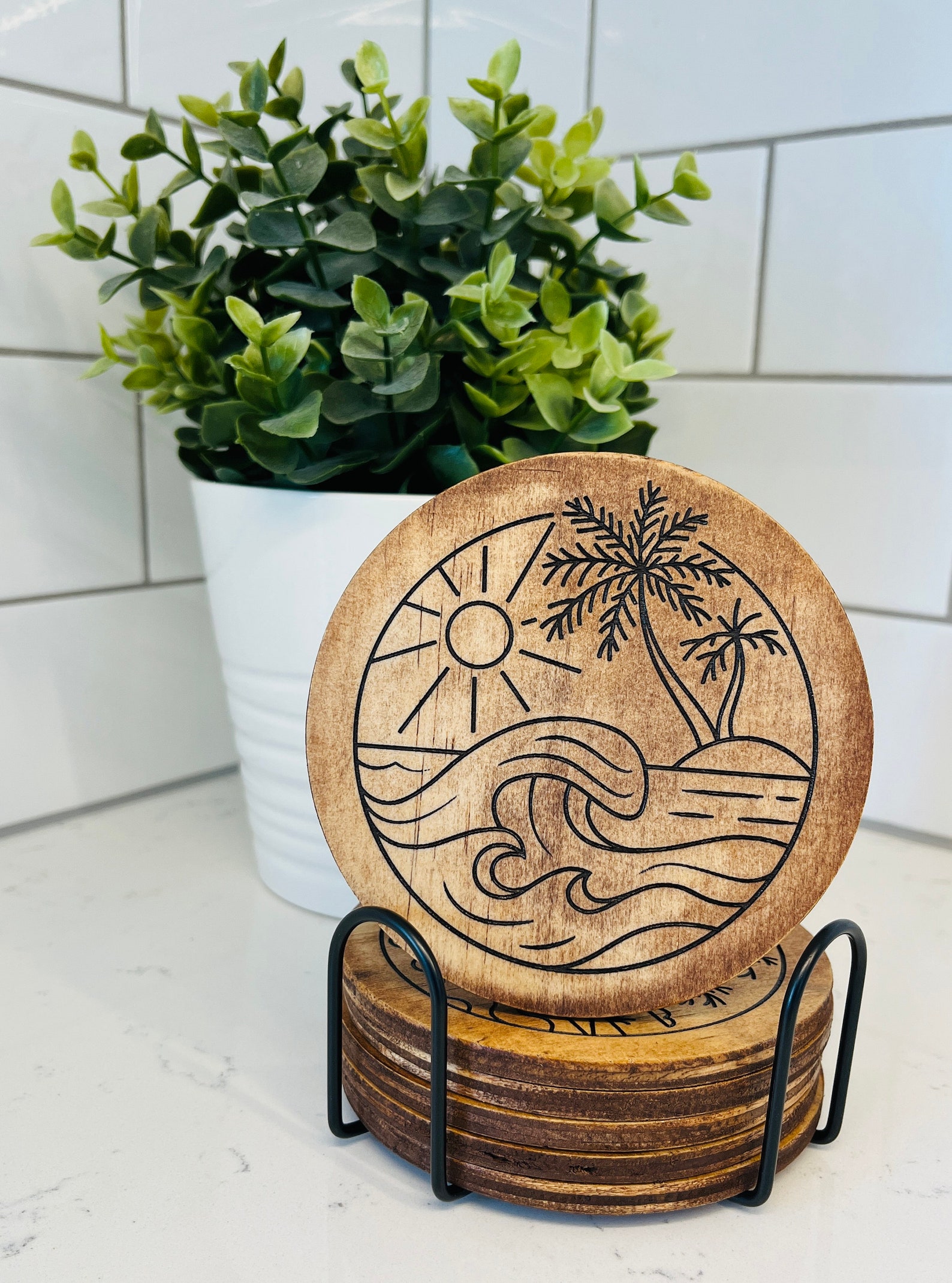 Laser Engraved Wood Beach Themed Coaster Set With Holder - Etsy