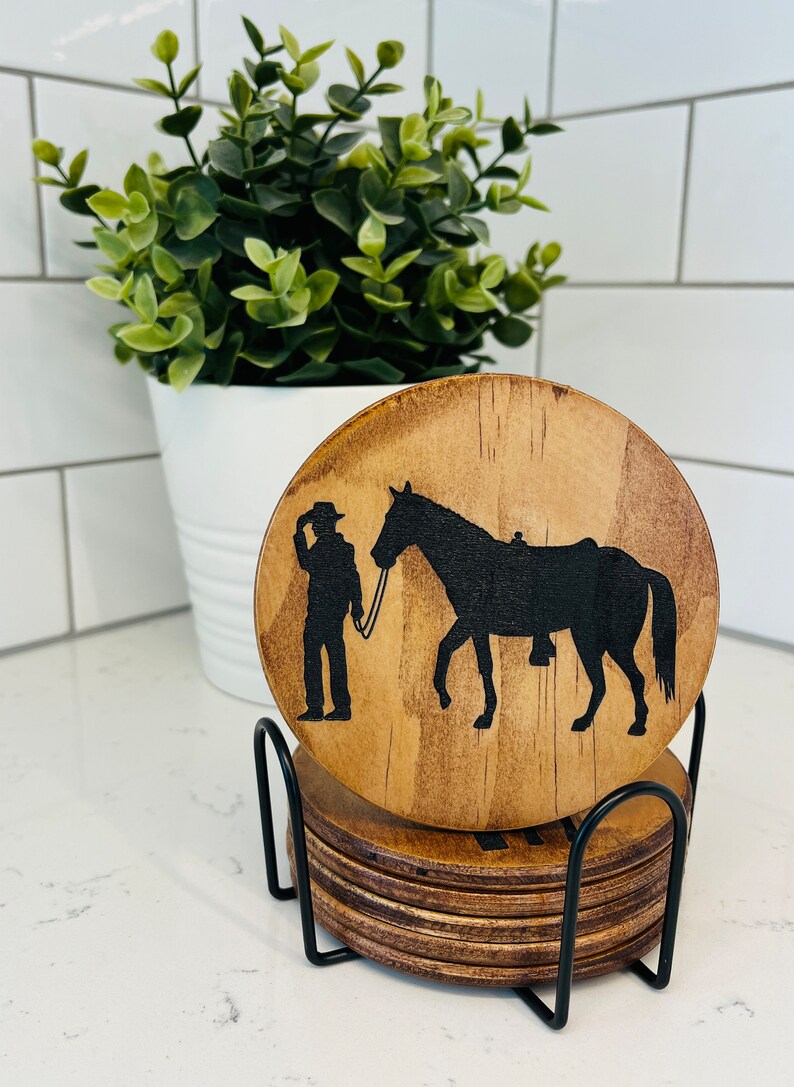 Laser Engraved Wood Cowboy/rodeo Western Coaster Set - Etsy