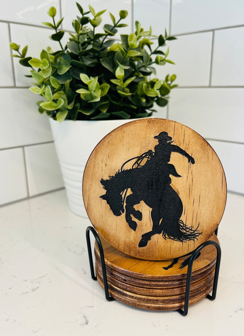 Laser Engraved Wood Cowboy/rodeo Western Coaster Set - Etsy