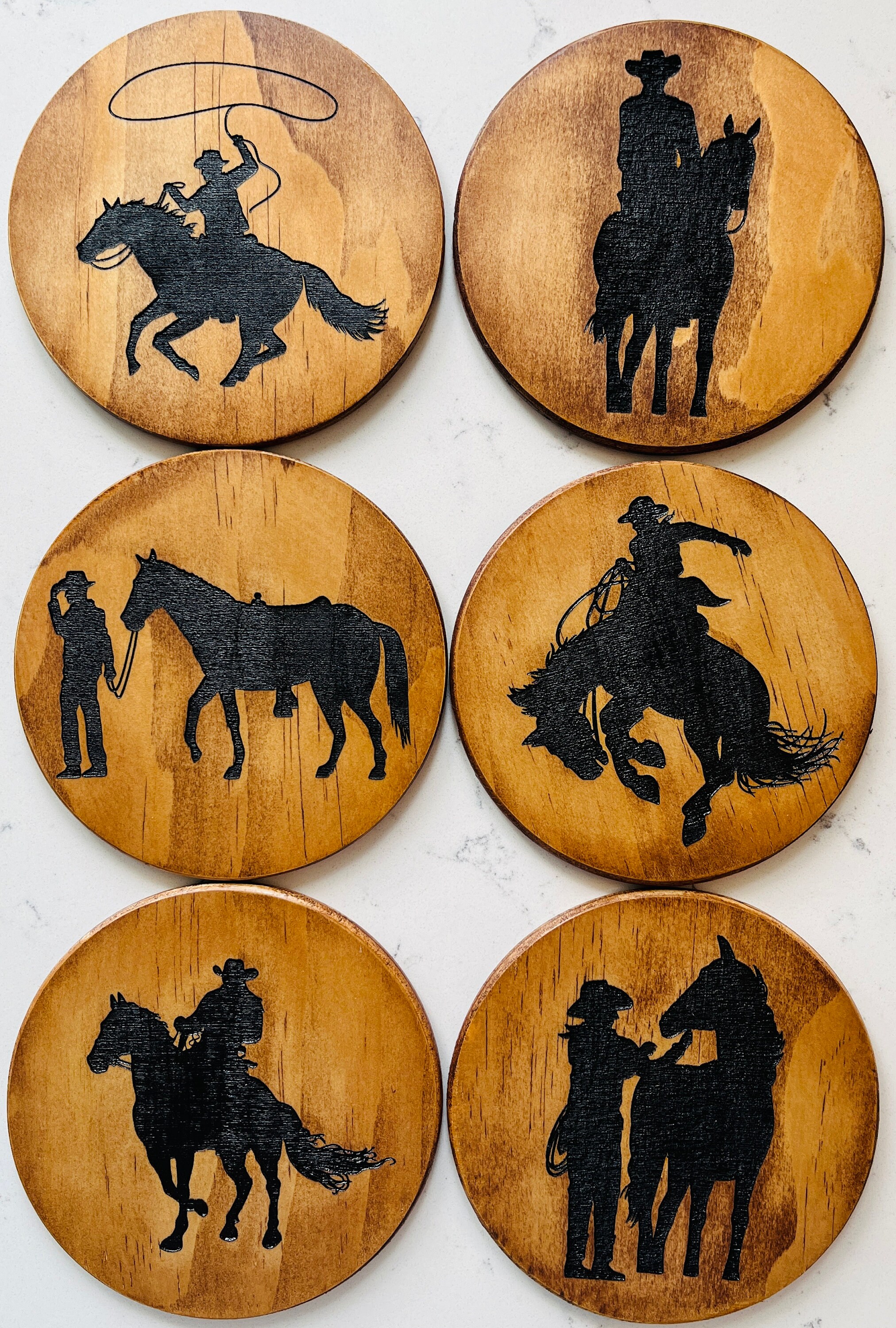 Laser Engraved Wood Cowboy/rodeo Western Coaster Set - Etsy