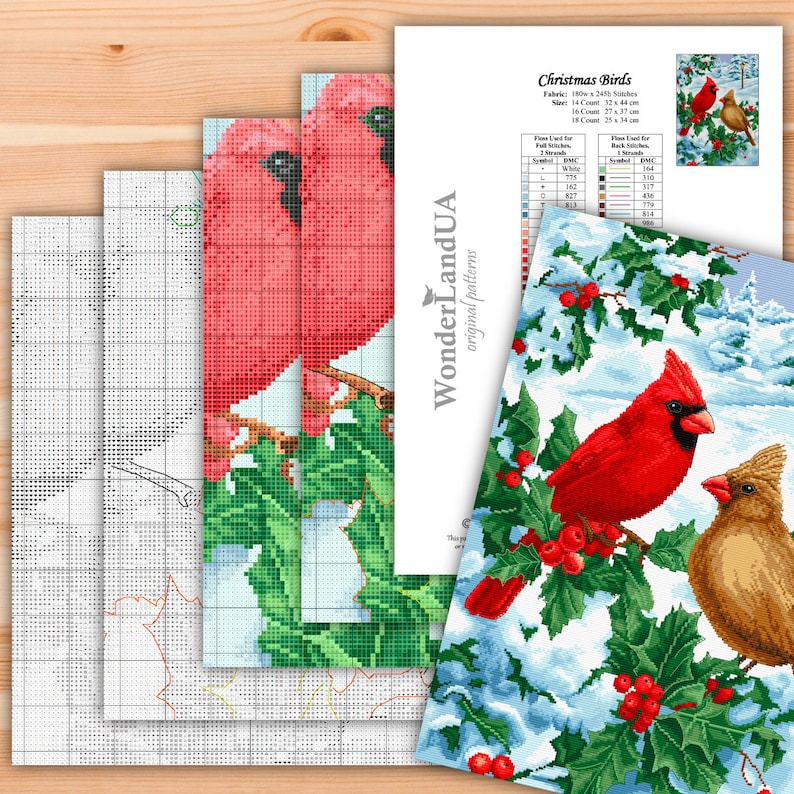 PDF Christmas Cardinals Cross Stitch Pattern, Winter Birds Embroidery ...