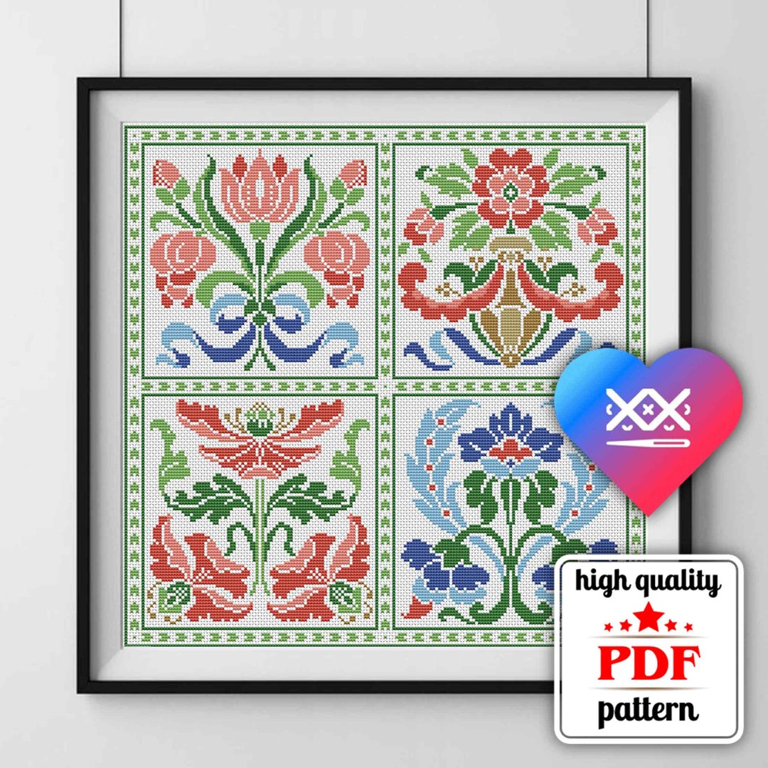 Vintage Floral Cross Stitch Pattern, Art Nouveau Embroidery Design ...