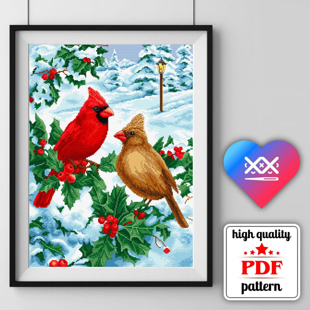 PDF Christmas Cardinals Cross Stitch Pattern, Winter Birds Embroidery ...