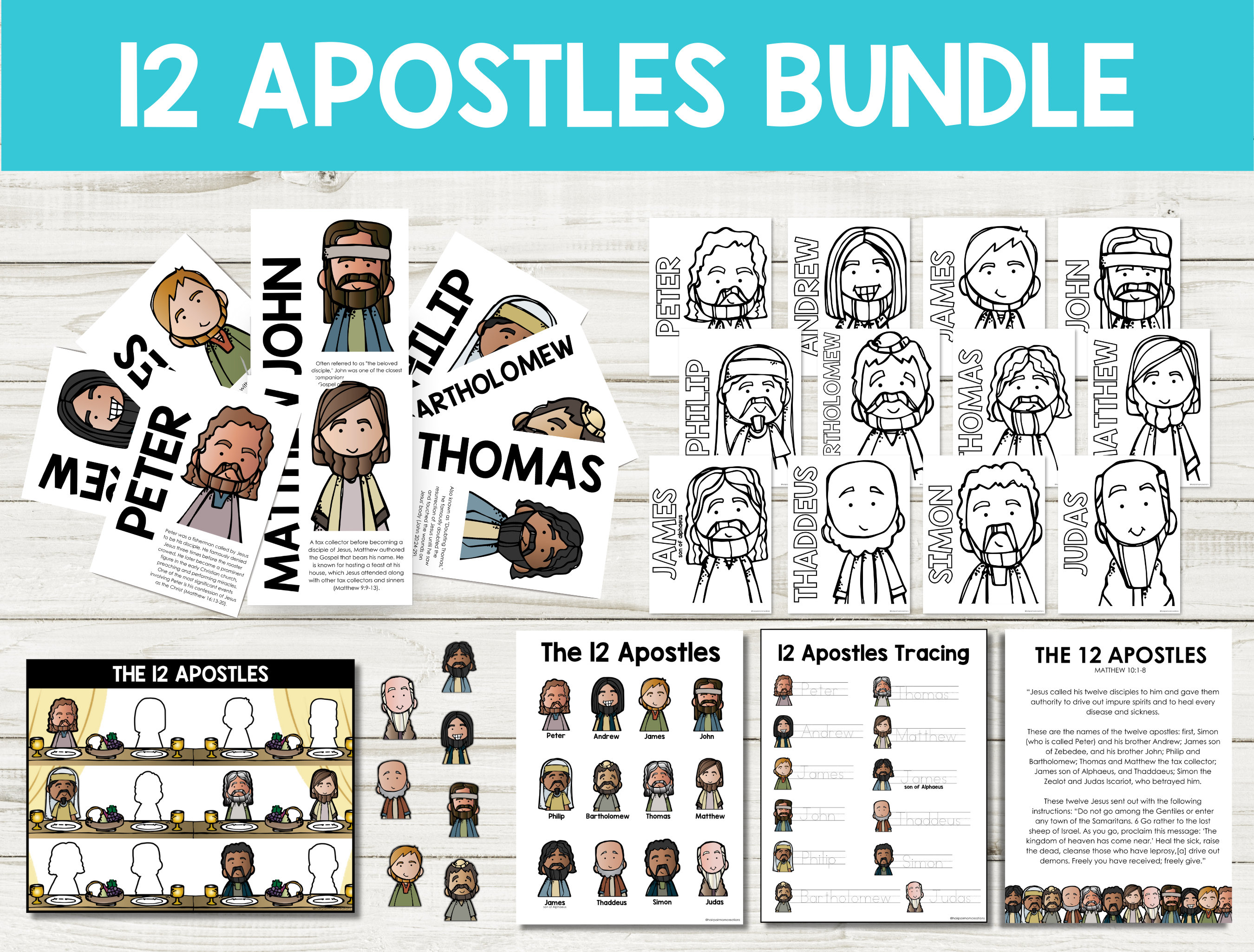 12 Disciples Bundle: Flashcards, Coloring Page, Matching Game (digital ...