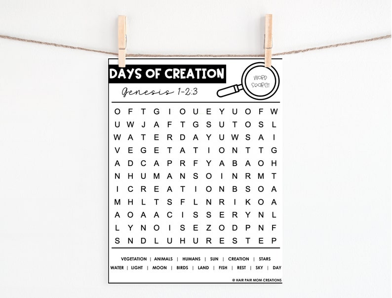 Days of Creation Printable, Days of Creation Word Search, Genesis ...